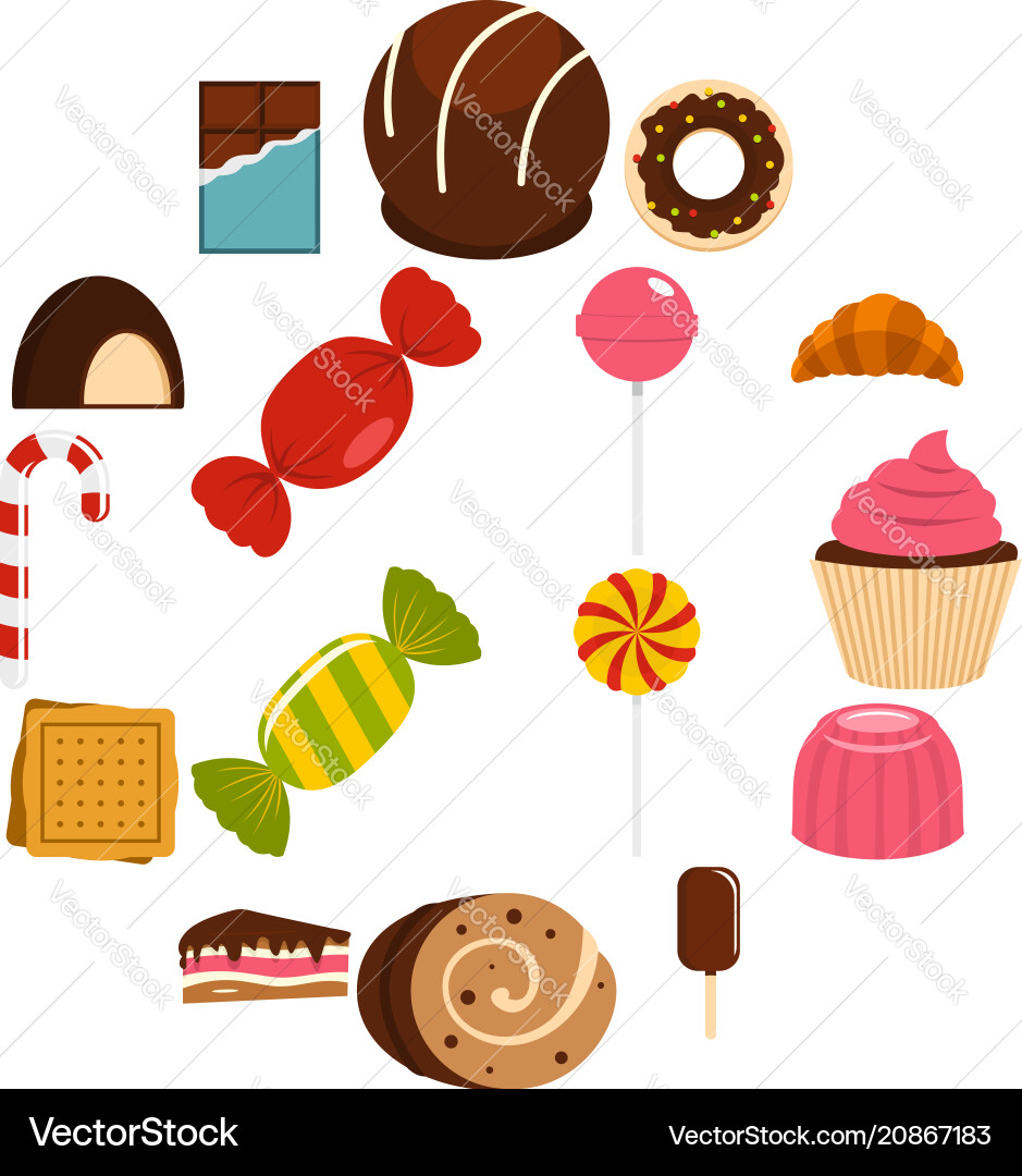 Sweets and candies icons set in flat style Vector Image