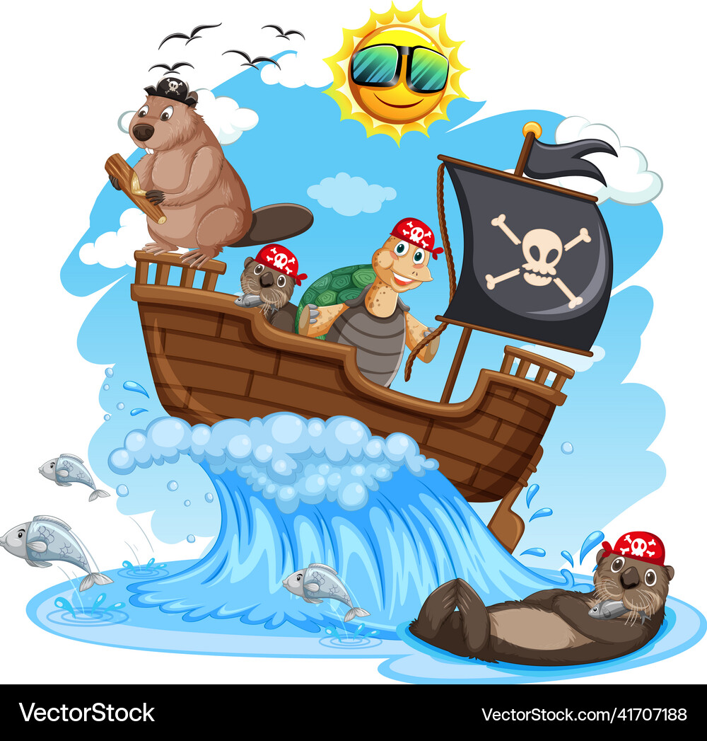 Beavers and turtle on pirate ship with ocean wave Vector Image