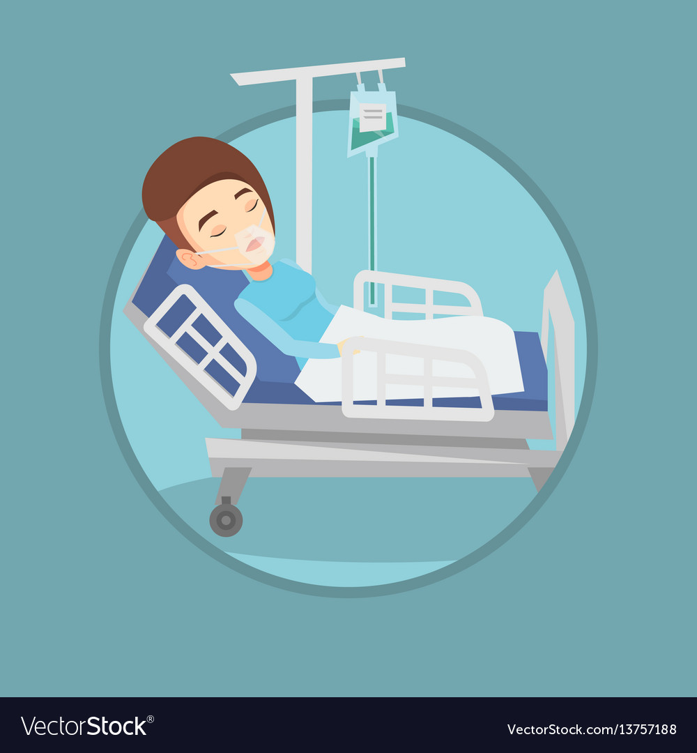 Patient lying in hospital bed with oxygen mask Vector Image