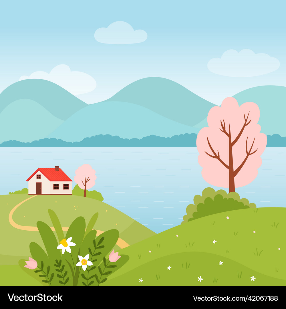 Spring landscape with house river flowers Vector Image