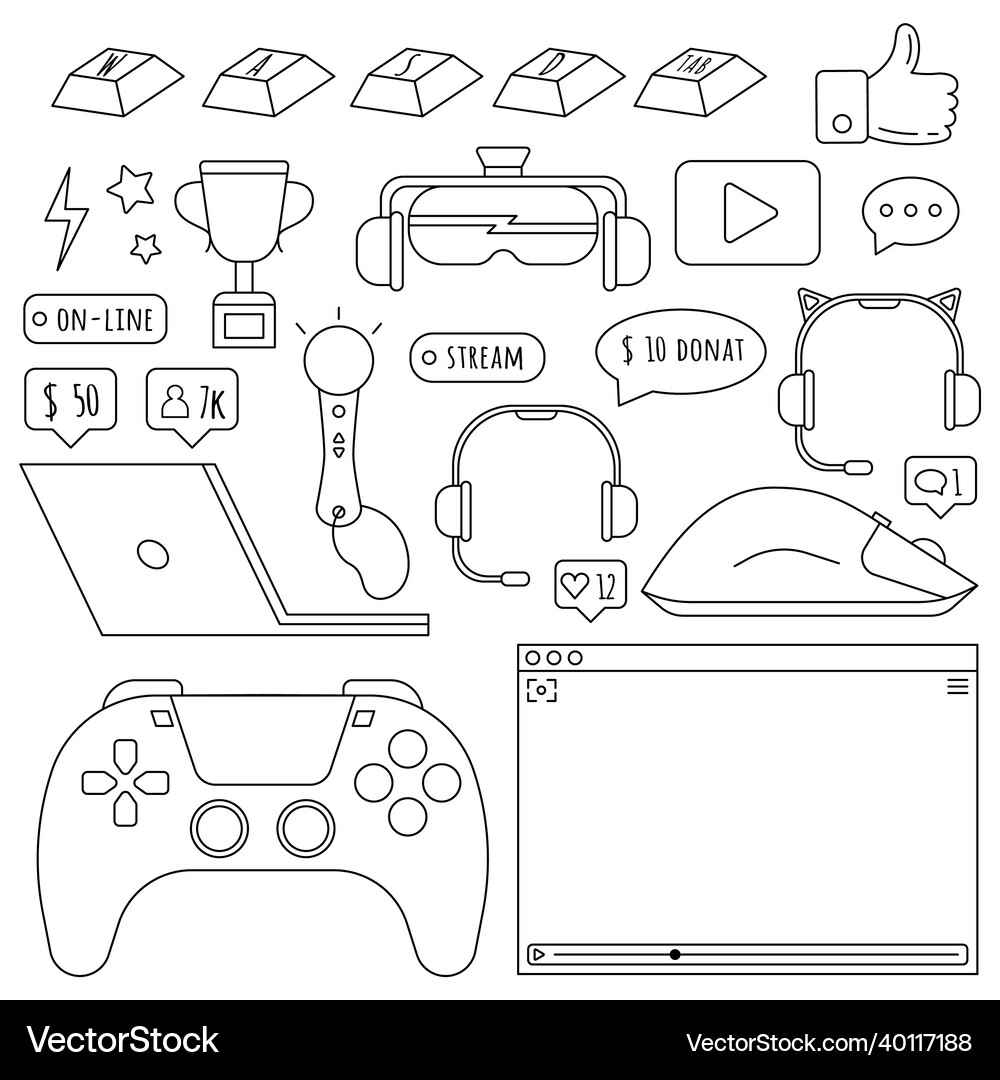 Video game streamer line icon set in a flat style Vector Image