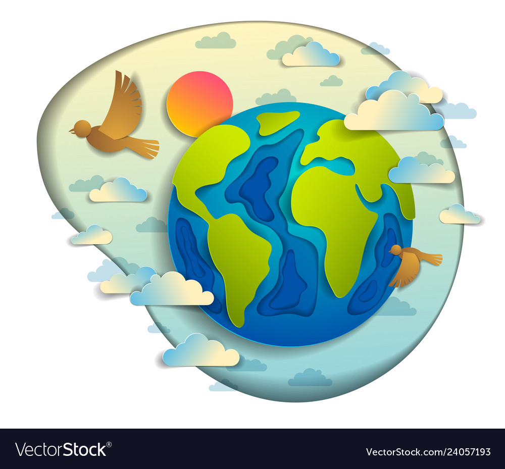 Cartoon earth clouds birds flying and sun modern Vector Image