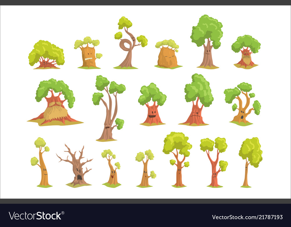 Cute tree characters set funny humanized trees Vector Image