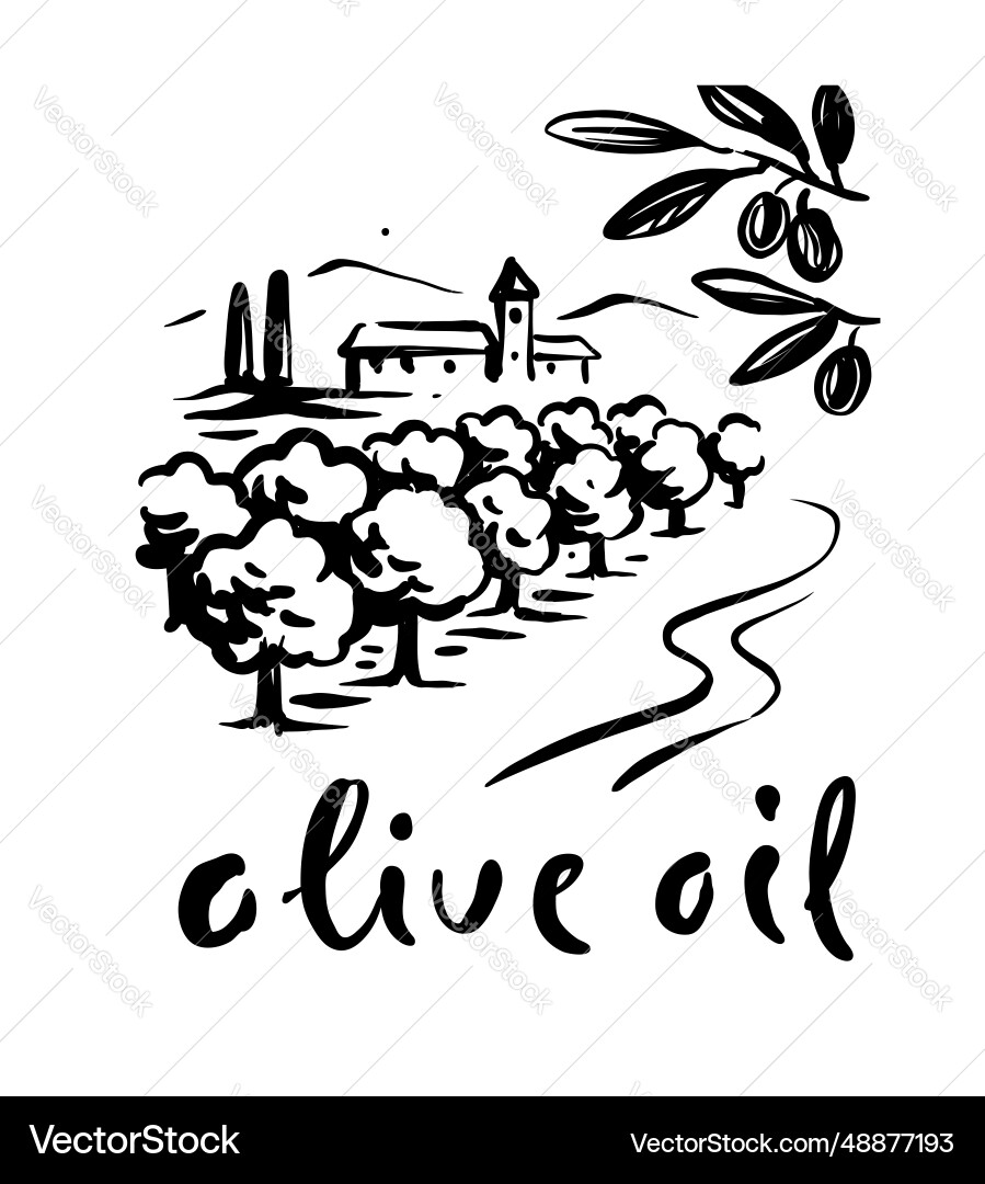 Olive tree and village house drawing sketch Vector Image