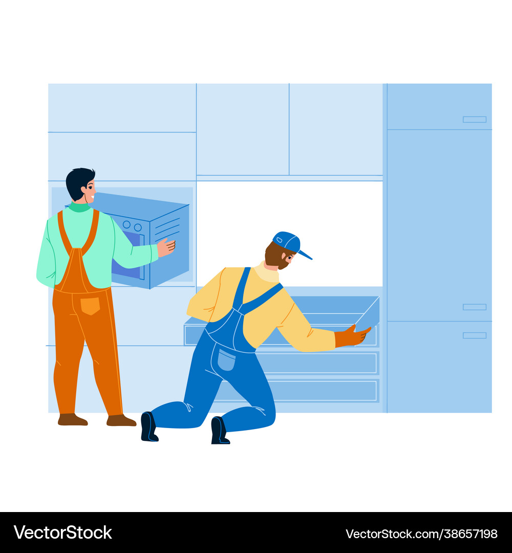 Handyman workers install kitchen furniture Vector Image