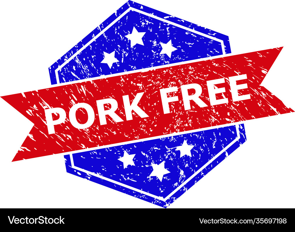 Hexagonal bicolor pork free stamp with distress Vector Image