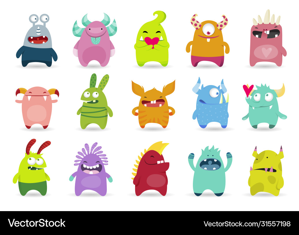 Set funny cute monsters cartoon Royalty Free Vector Image