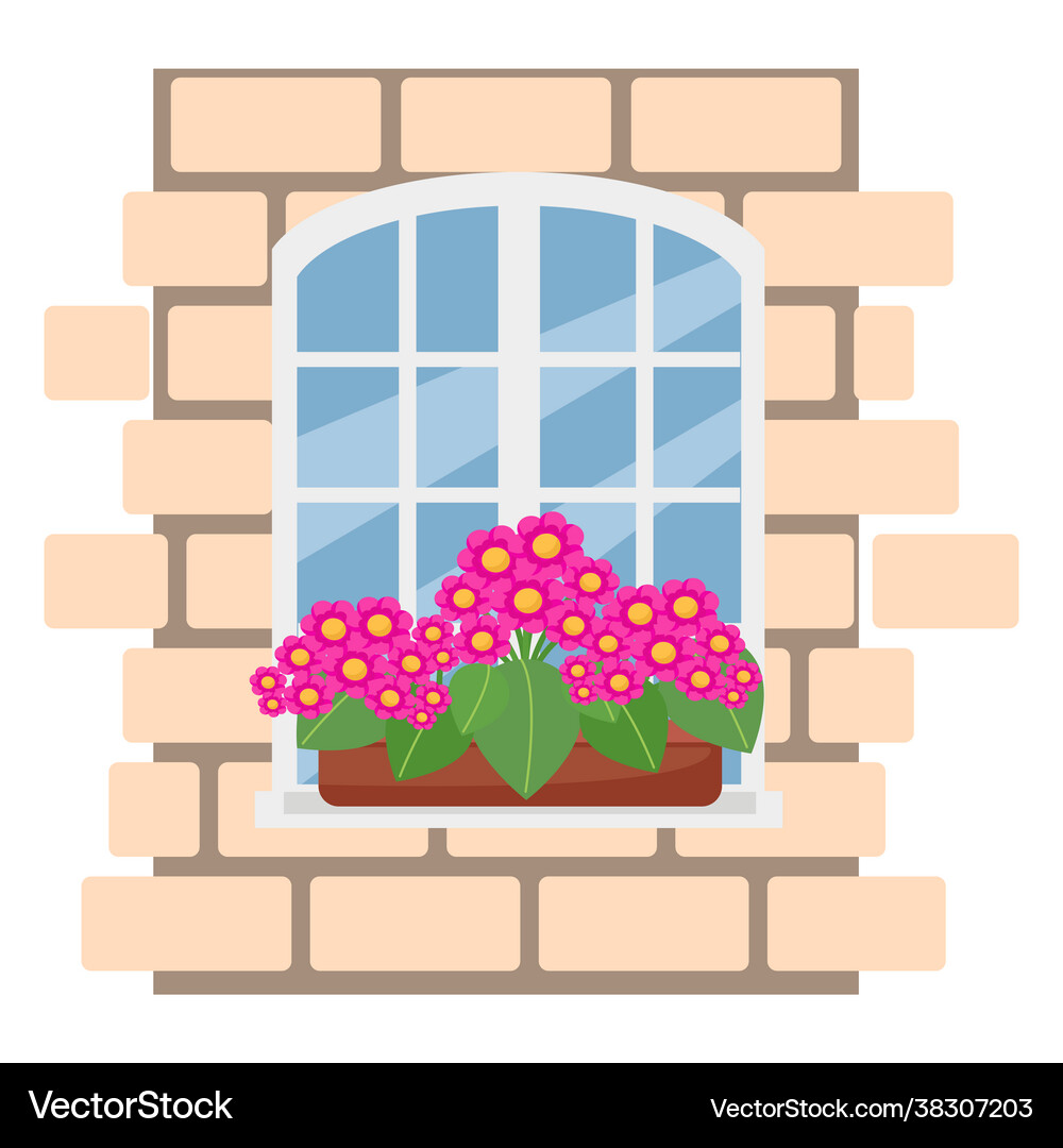 Box with flowers on window brick wall Royalty Free Vector