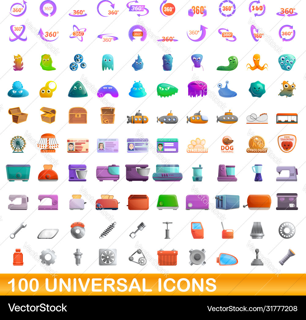 100 universal icons set cartoon style Royalty Free Vector