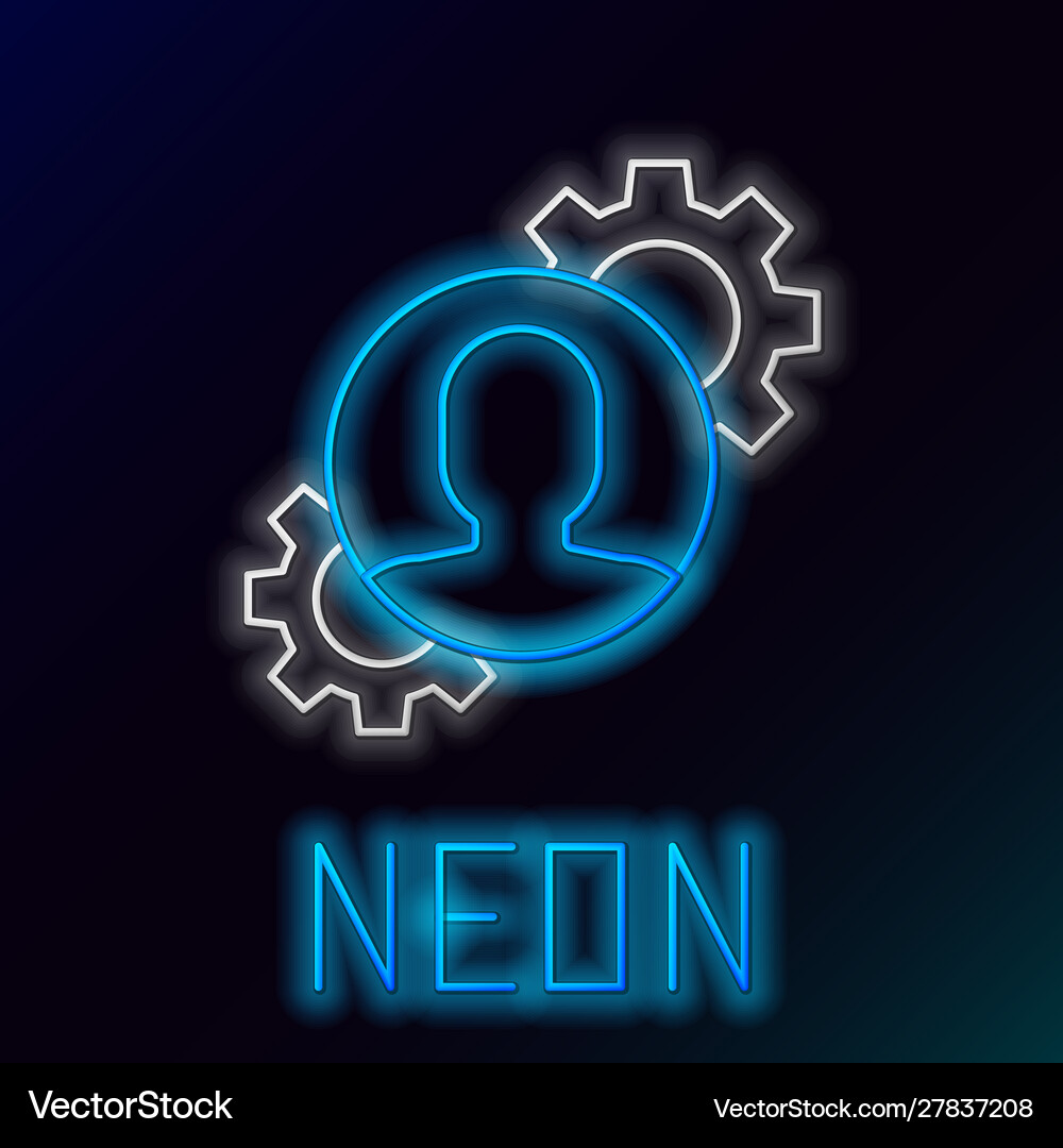Blue glowing neon line human with gear inside icon