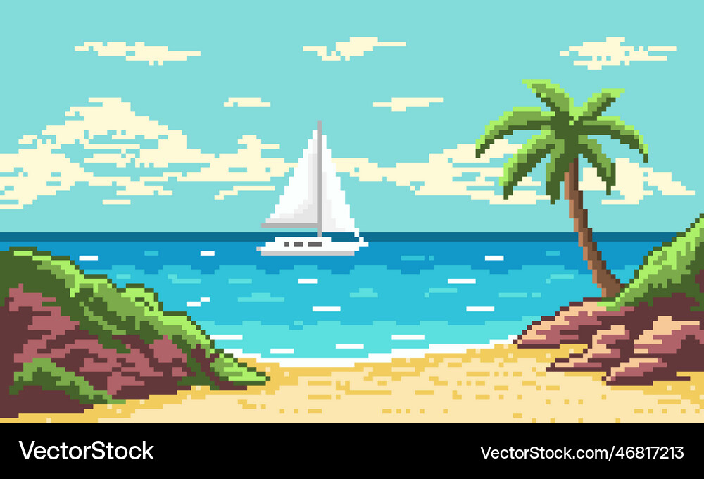 Pixel tropical beach with white sailboat on waves Vector Image