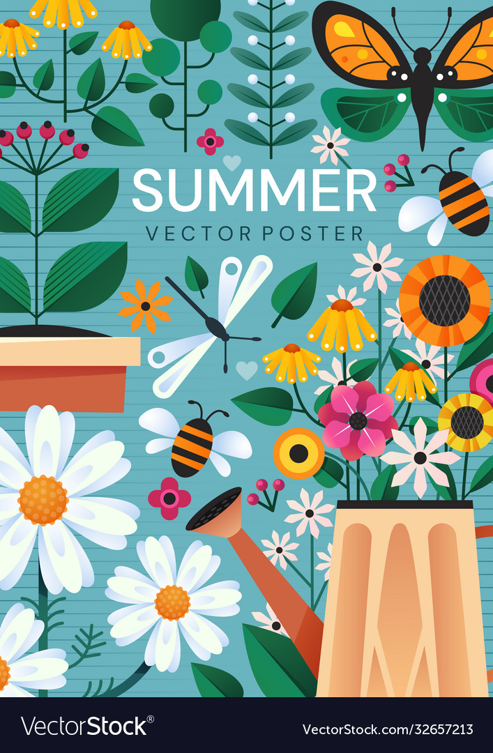 Summer poster with garden flowers and insects Vector Image