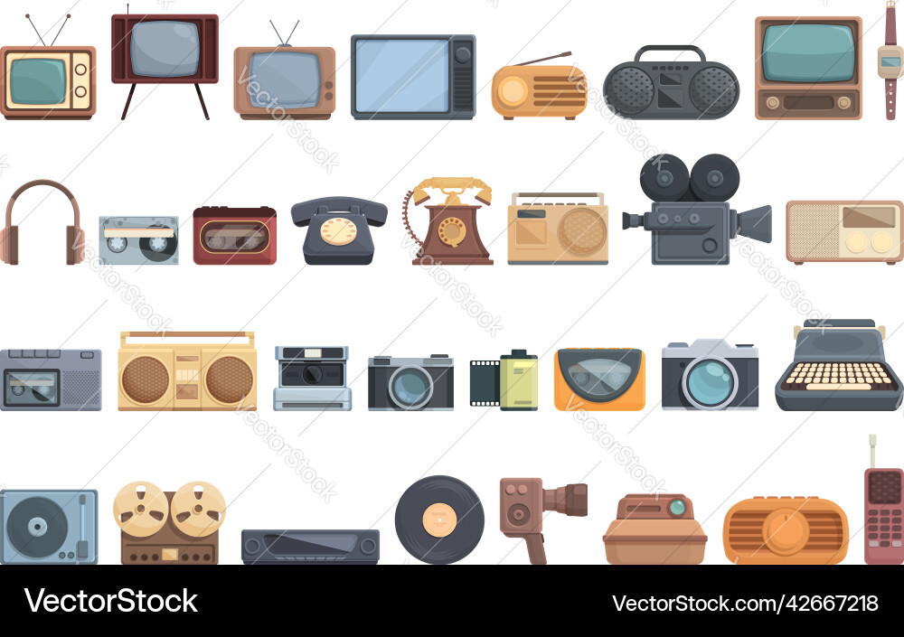 Analogue technology icons set cartoon Royalty Free Vector