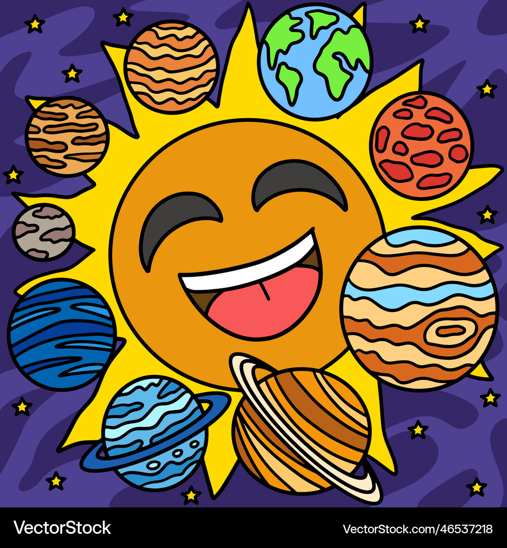 Happy sun and solar system colored cartoon Vector Image