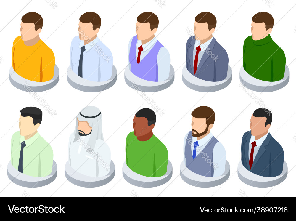 Isometric young male faces avatar set Royalty Free Vector