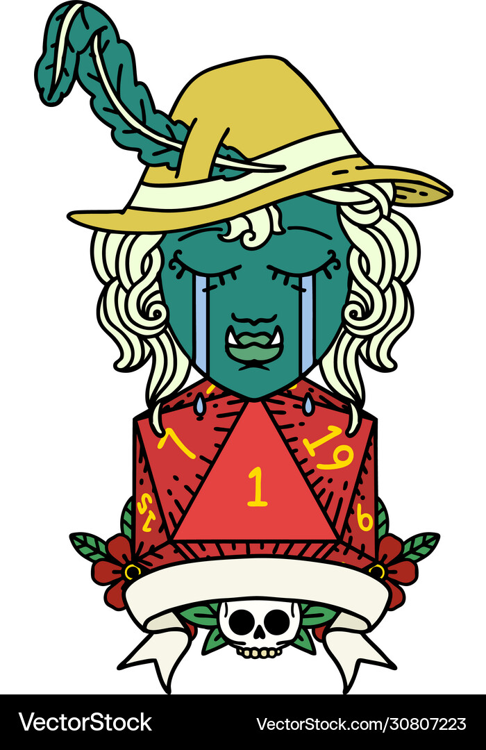 Crying orc bard character with natural one d20 Vector Image