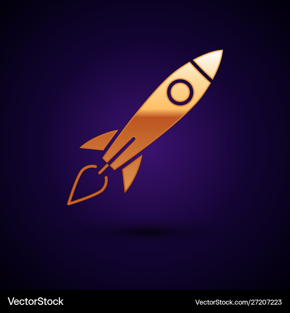 Gold rocket ship with fire icon isolated on dark Vector Image