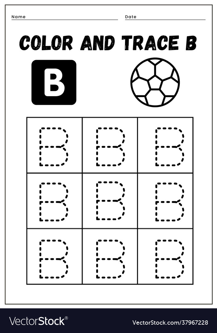 Color and trace alphabet b worksheet Royalty Free Vector