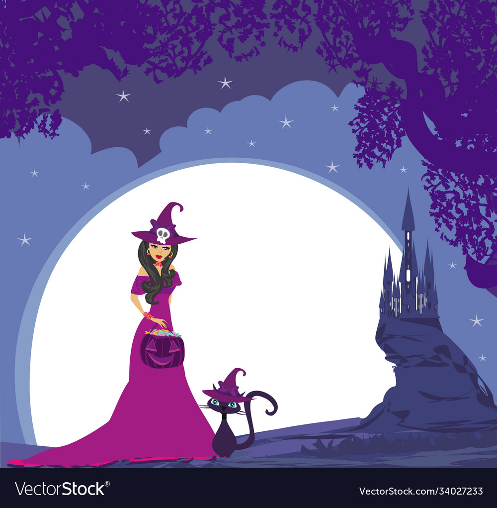 Card witch with halloween pumpkin and cute cat Vector Image