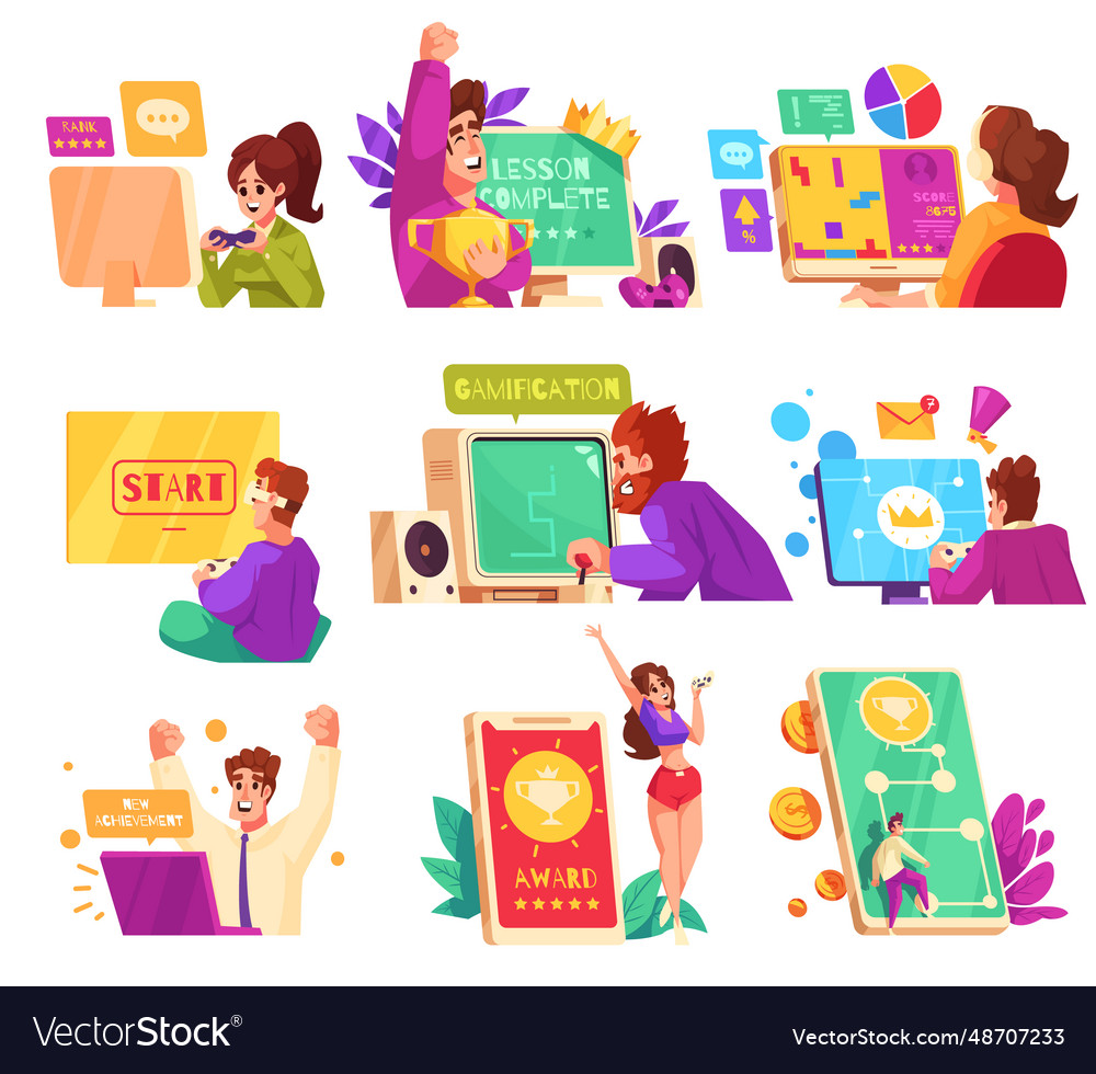 Gamification cartoon set Royalty Free Vector Image