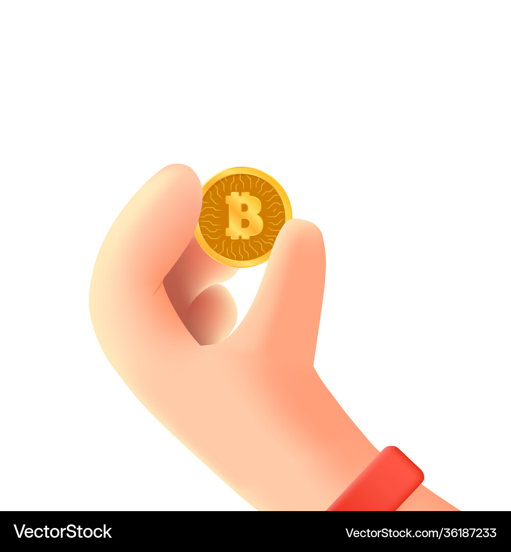 Hand with bitcoin in 3d cartoon style Royalty Free Vector