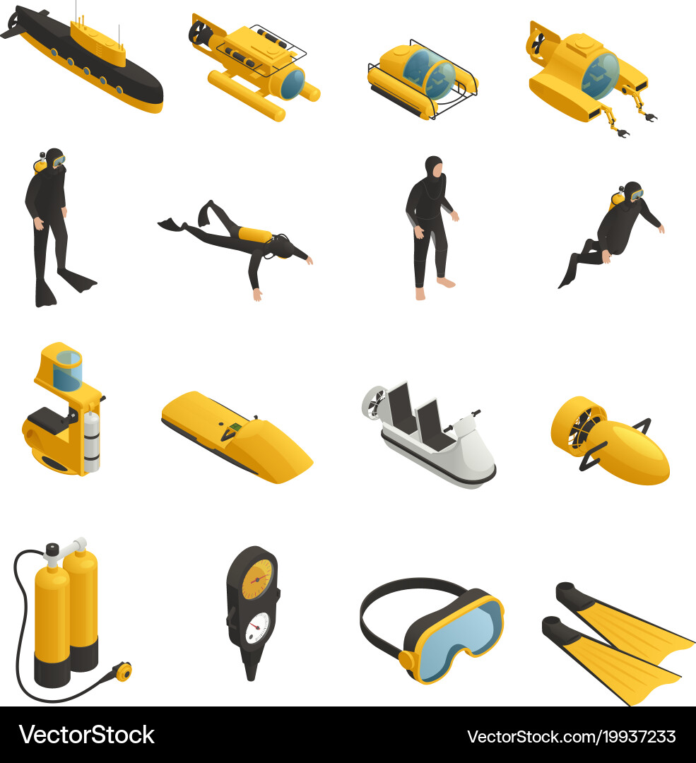 Underwater equipment isometric icons set Vector Image