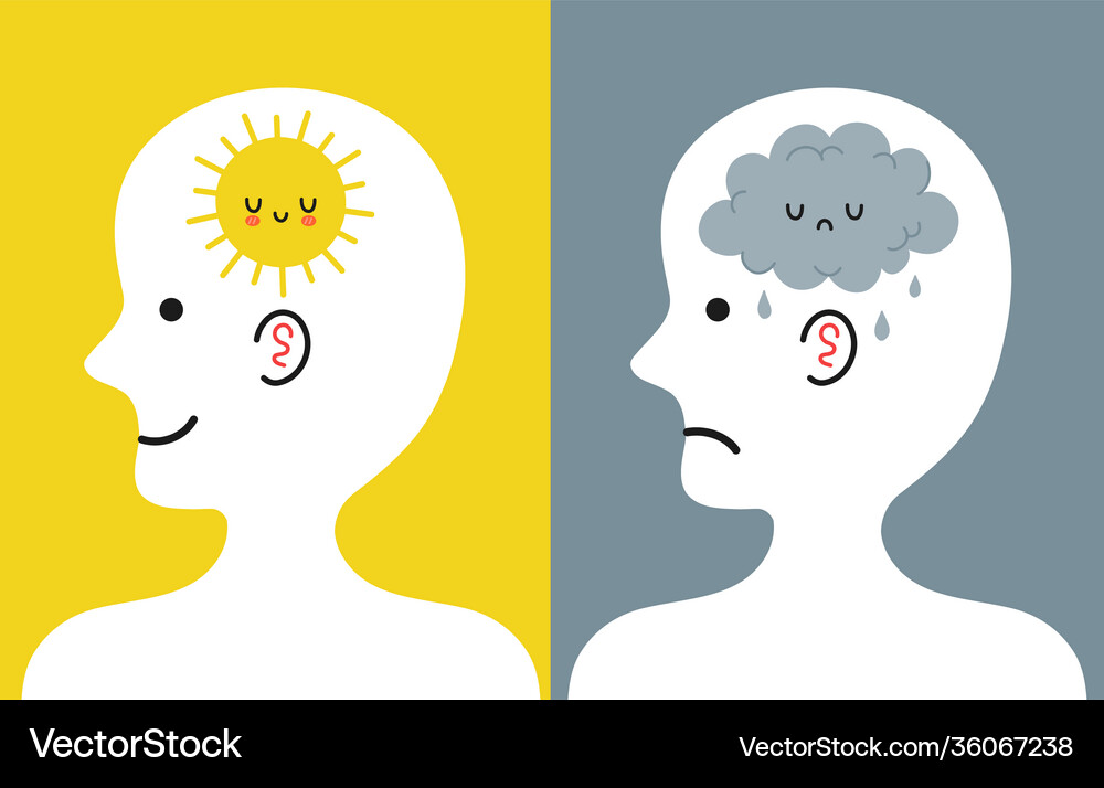 Cute human head in profile with sun and rain cloud
