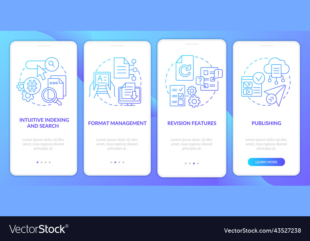 Key cms characteristics blue gradient onboarding Vector Image Key cms characteristics blue gradient onboarding Vector Image