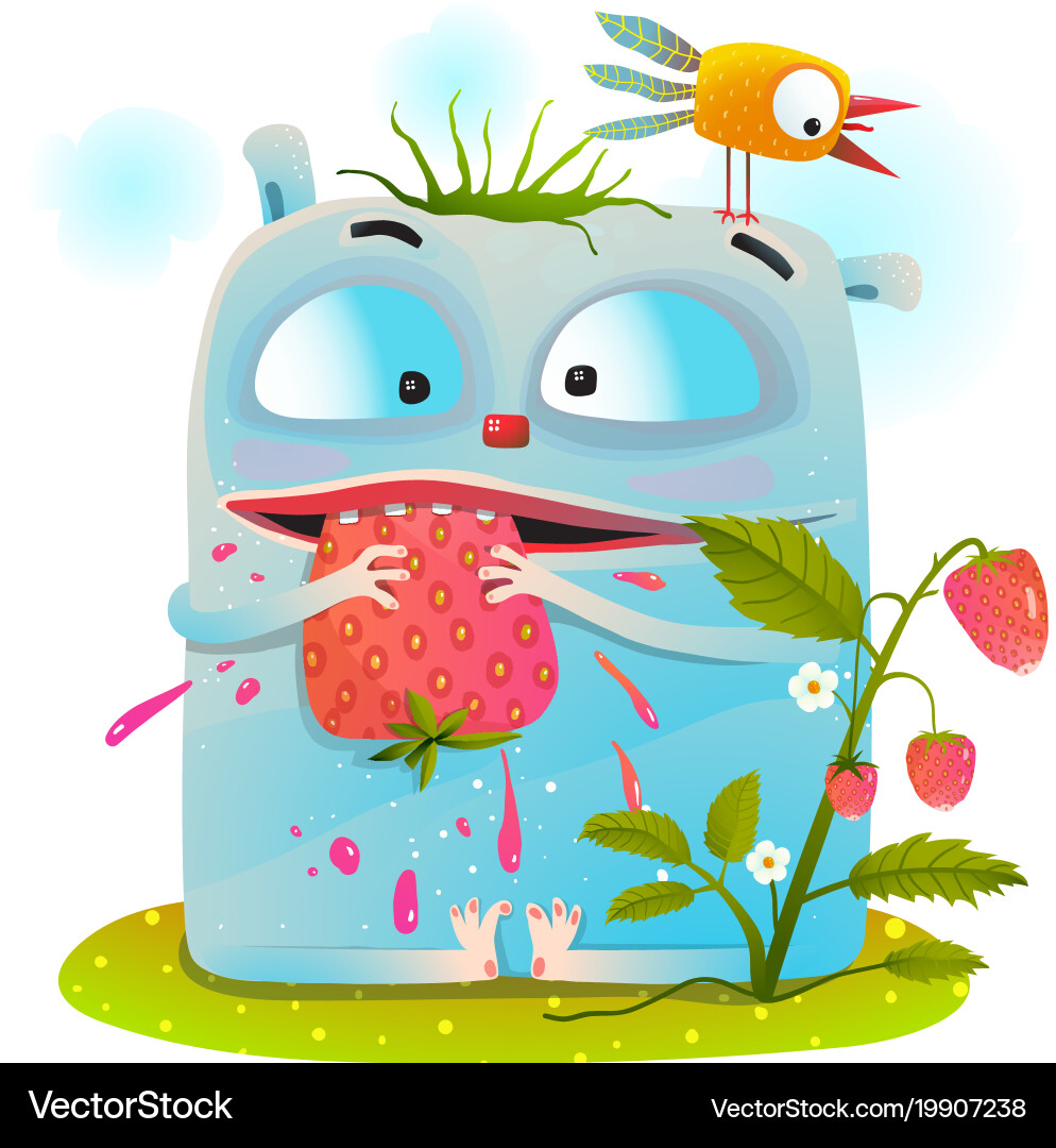 Little monster eating strawberry Royalty Free Vector Image