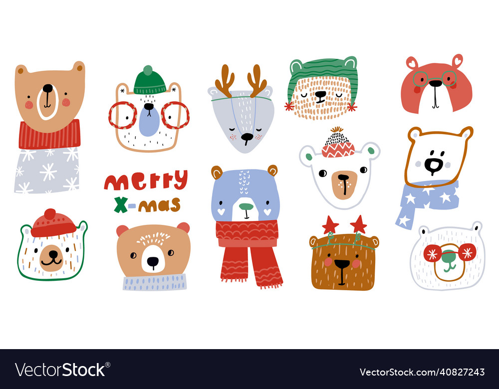 Big set of winter holiday bears faces xmas cute Vector Image