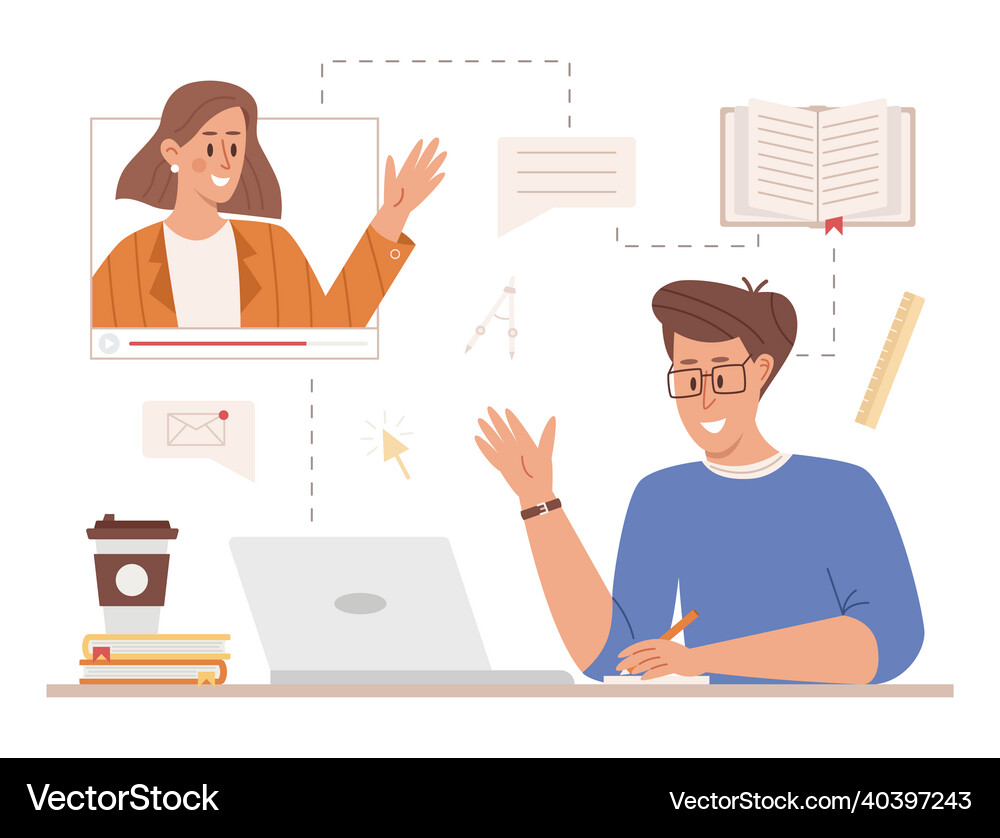 Man learning online at laptop and watching lesson Vector Image