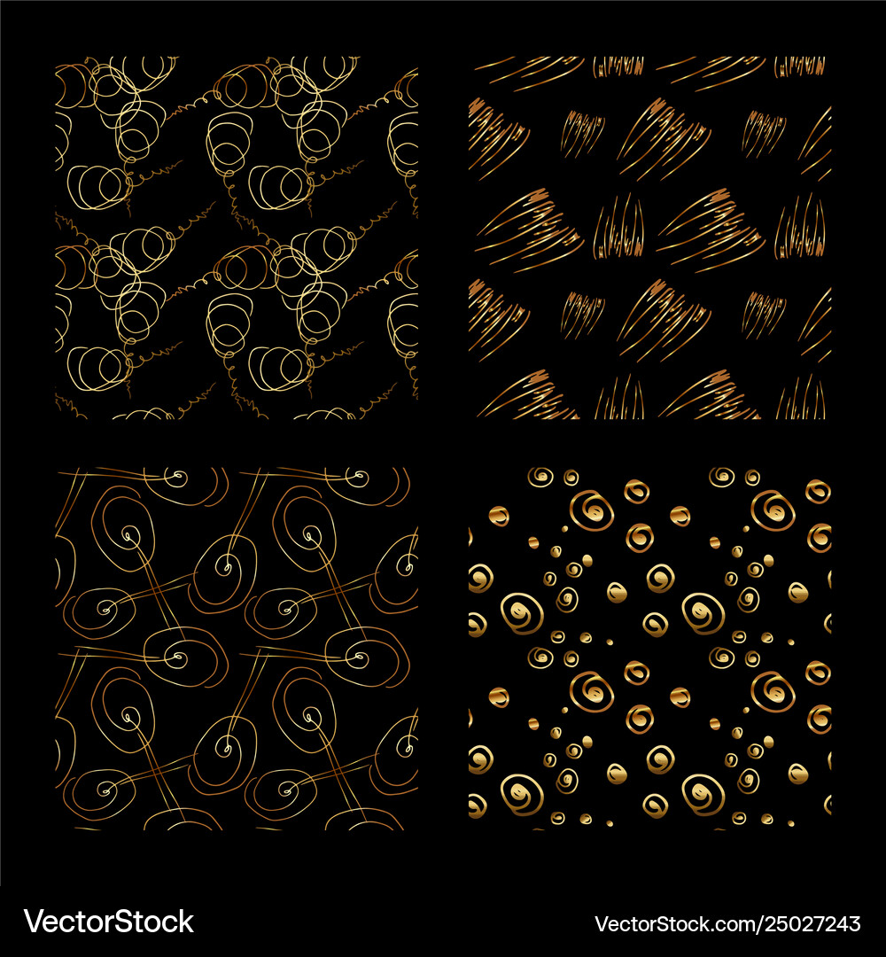 Set gold hand-drawn seamless textures on black Vector Image