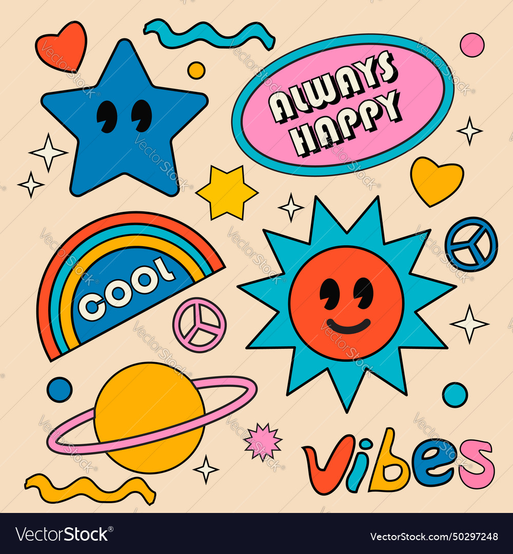 Flat retro 70s hippie stickers psychedelic groovy Vector Image Flat retro 70s hippie stickers psychedelic groovy Vector Image