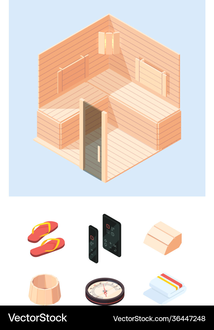Relaxing wooden sauna isometric spa interior Vector Image