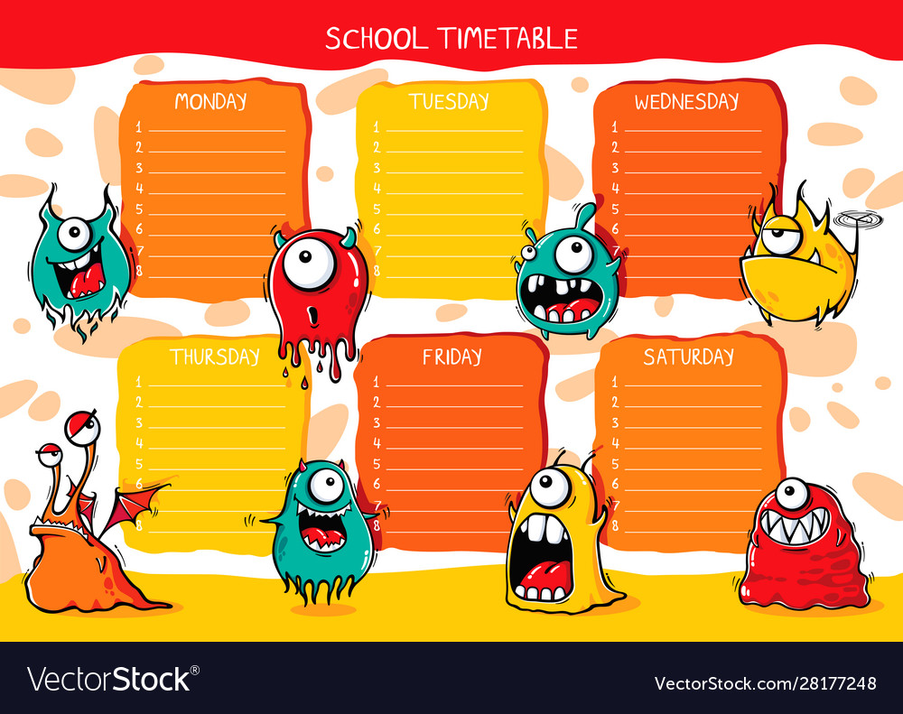 School timetable monsters Royalty Free Vector Image