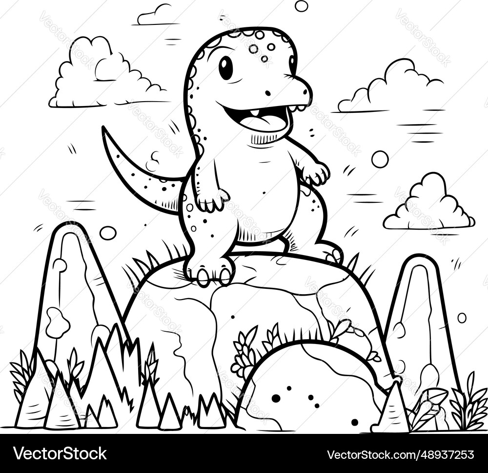 Cute dinosaur on a rock for coloring book Vector Image