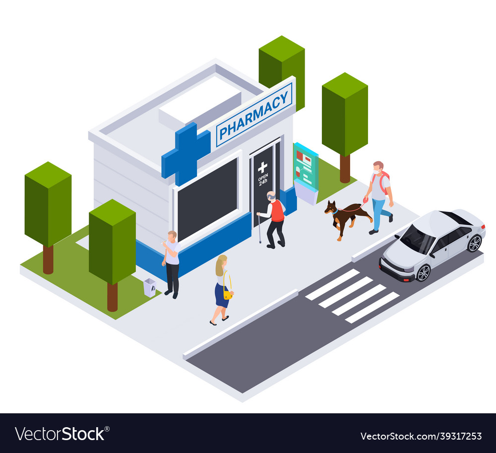 Pharmacy isometric composition Royalty Free Vector Image