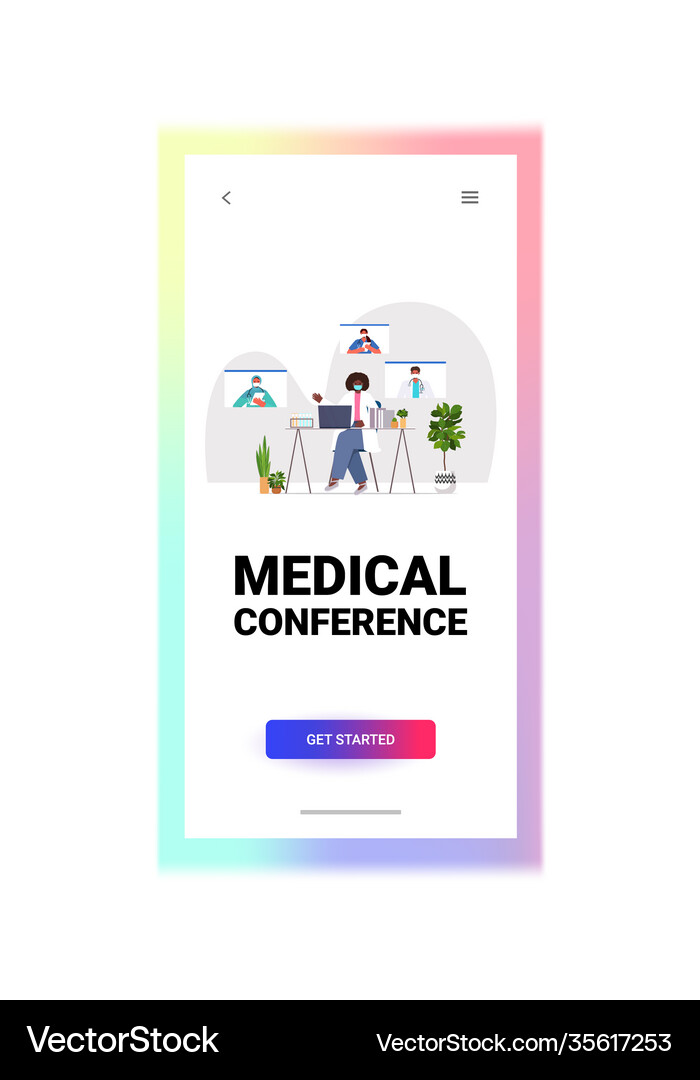 Team mix race doctors discussing during video Vector Image