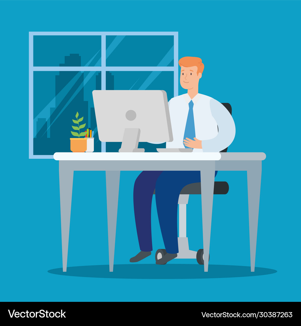 Businessman working at home with computer in desk Vector Image
