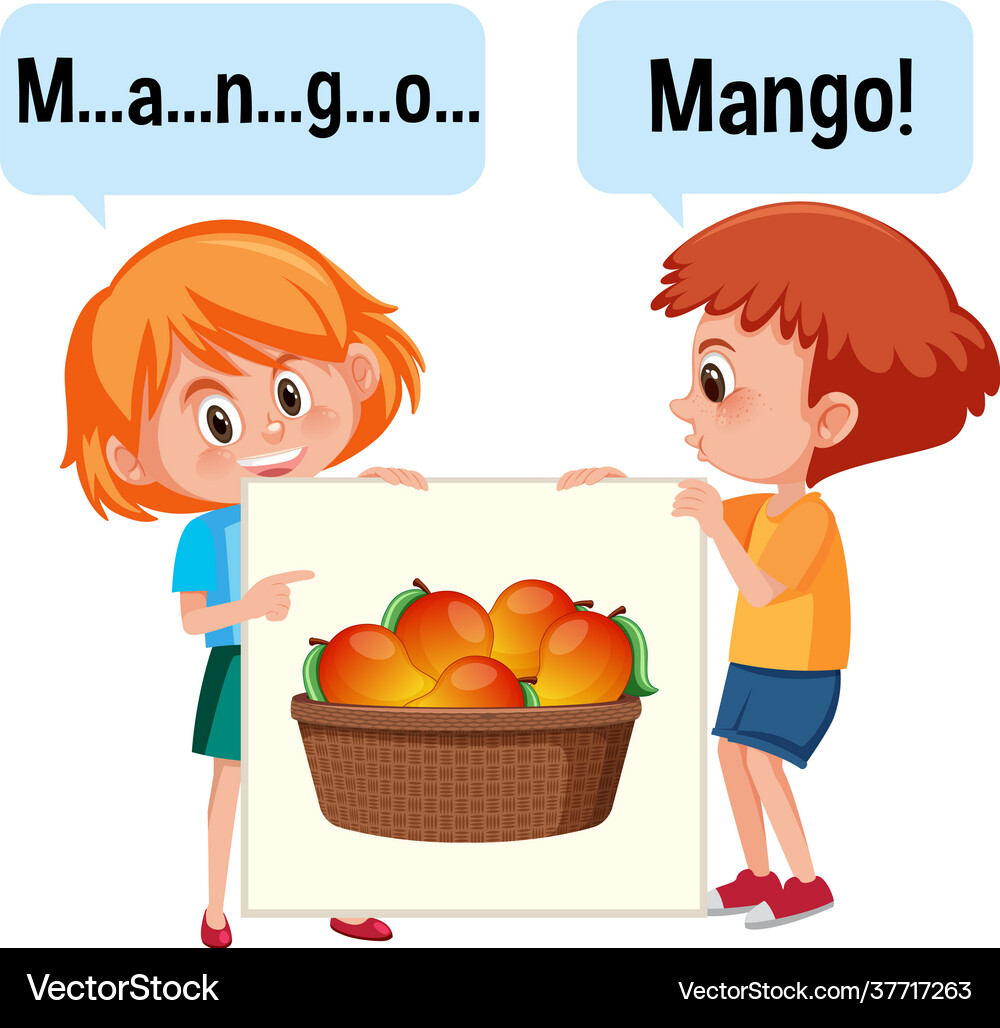 Cartoon character two kids spelling fruit Vector Image