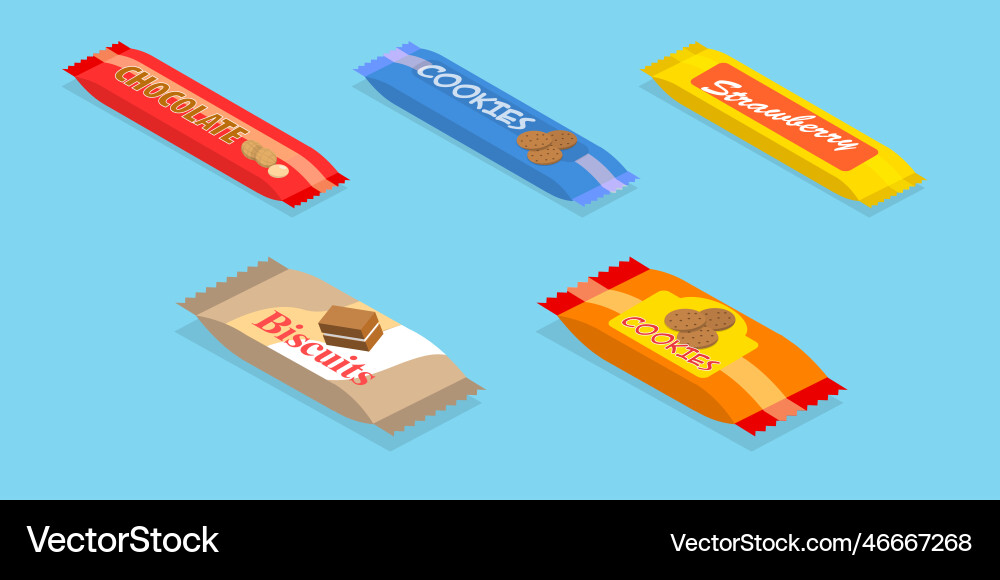 3d isometric flat set of snack packages Royalty Free Vector