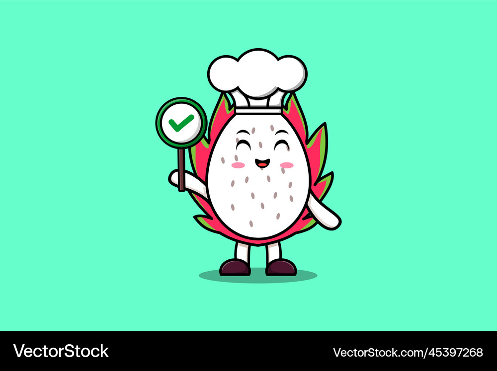 Cartoon dragon fruit chef hold correct sign board Vector Image