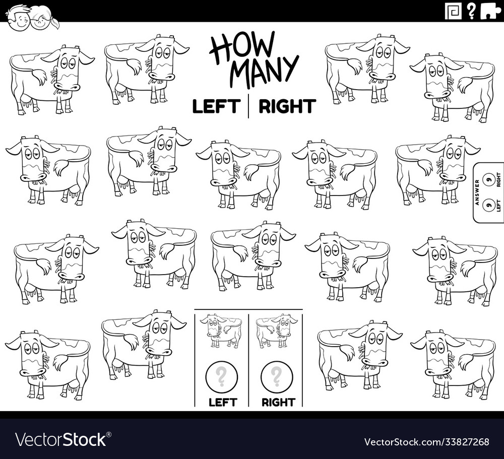 Counting left and right pictures cow color Vector Image