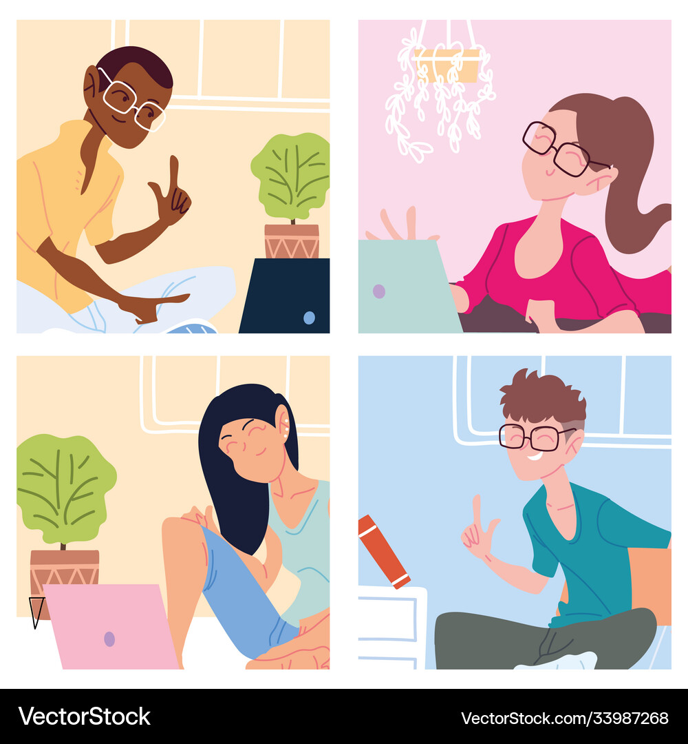 Set cards with people working from home Royalty Free Vector