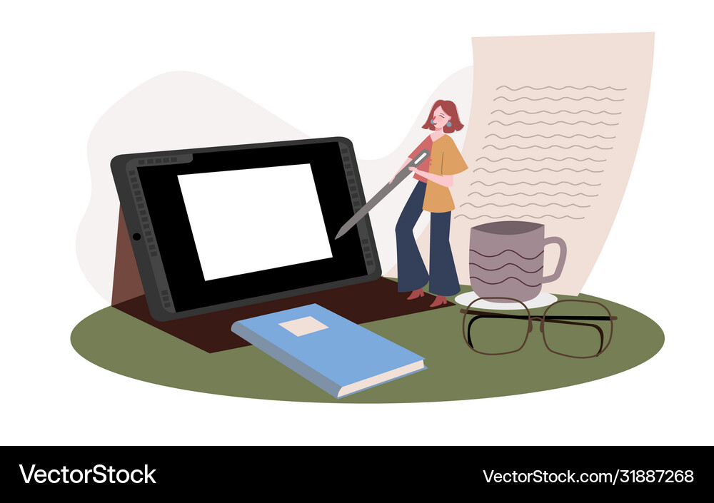 Woman sign digital document on tablet screen to Vector Image