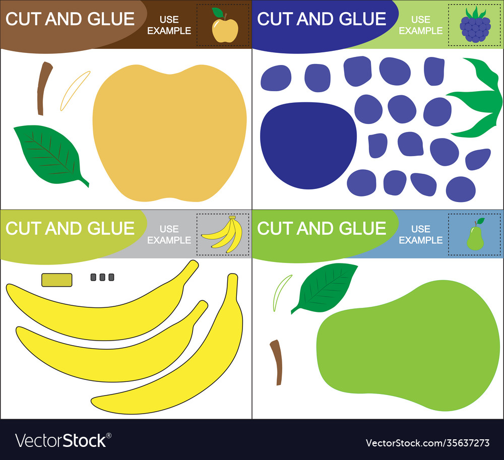 Cut and glue image fruits and berry set Royalty Free Vector