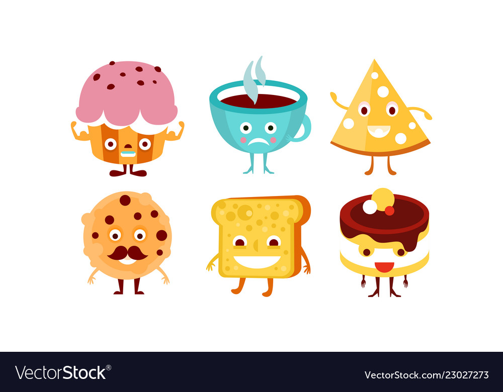 Flat set of funny food and drink characters Vector Image