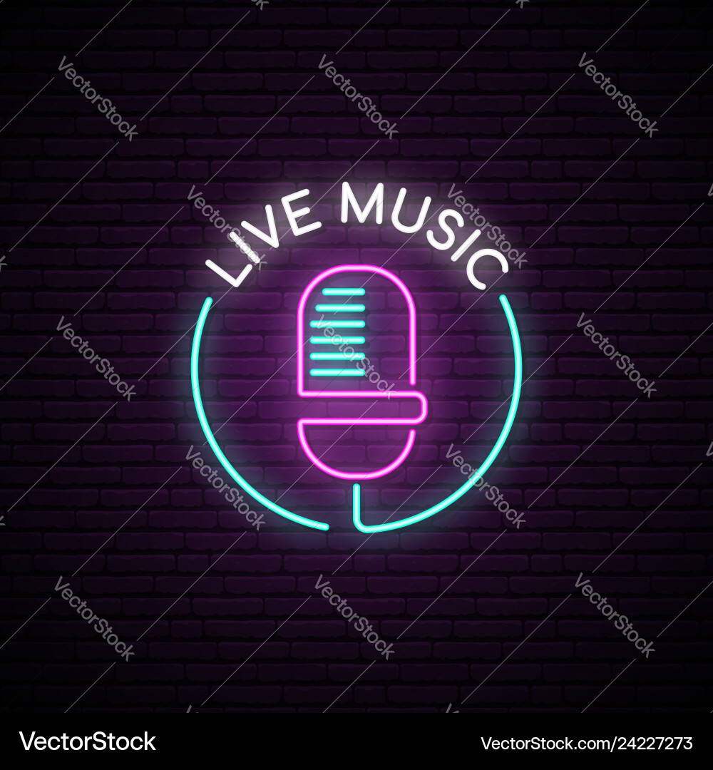 Microphone neon sign live music bright emblem Vector Image