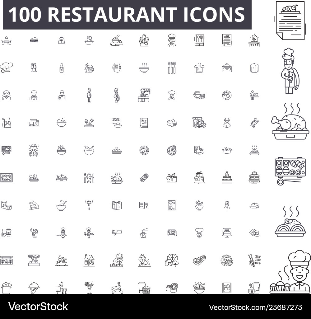 Restaurant editable line icons 100 set Royalty Free Vector