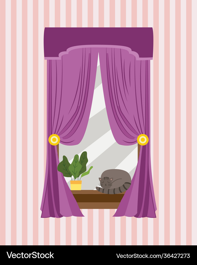 Sleeping cat on window sill with curtains cartoon Vector Image